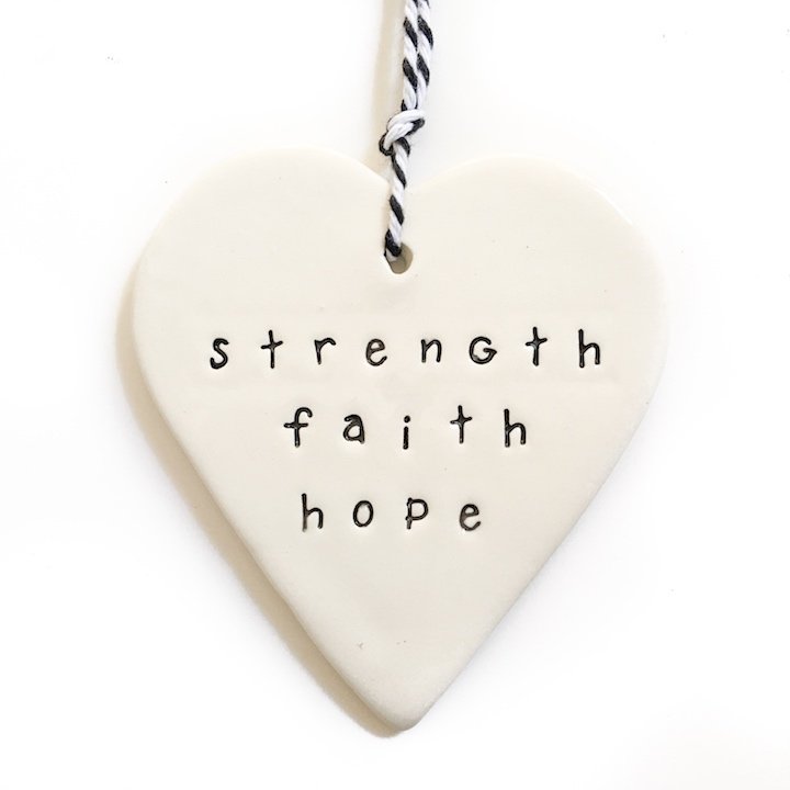 Handmade ceramic tag heart 'strength faith hope' – Caroline C